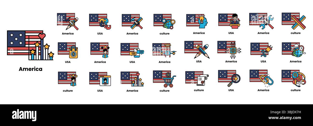 A Set of illustrations in the concept of American flags and things in ...