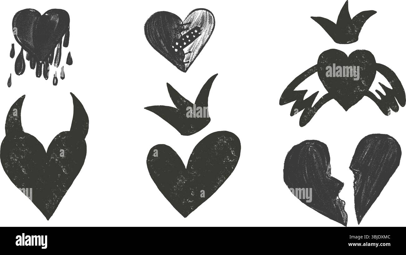 Broken hearts with crowns and devil horns crayon textured set. Breakup ...