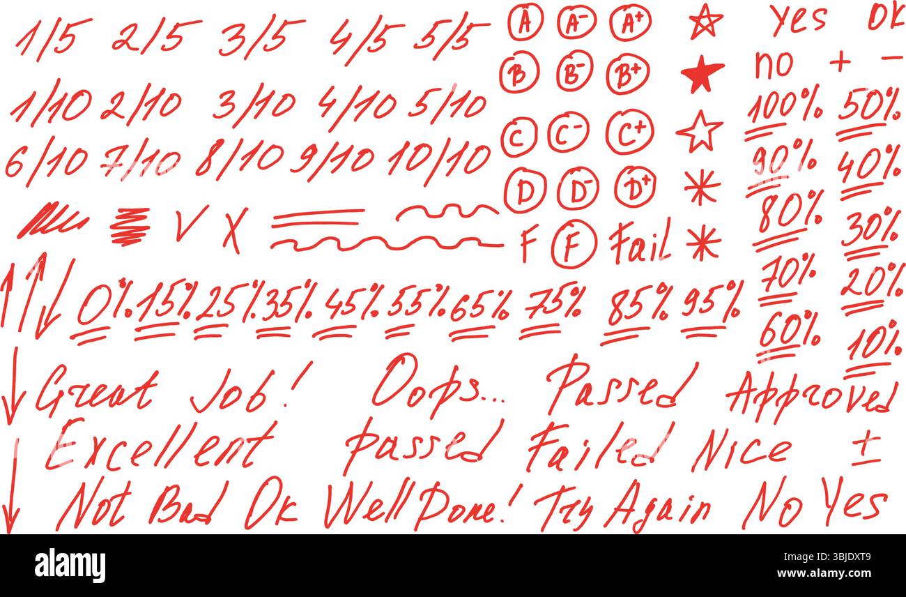 Exam grade marks doodle style set. School test results different hand ...