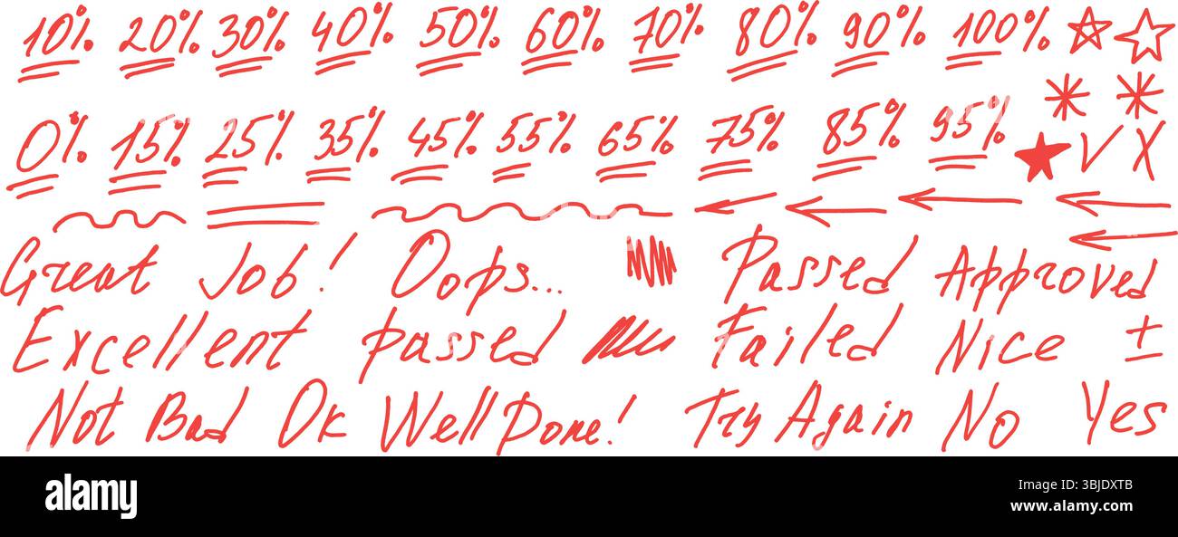 Exam grade percentage marks doodle style set. School test results hand ...