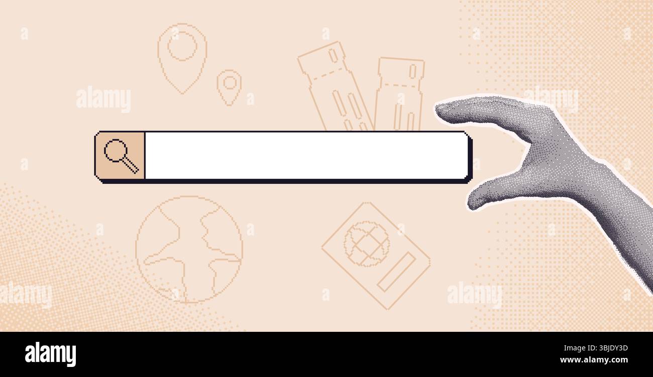 Travel ticket find collage with halftone hand with pixel art elements ...