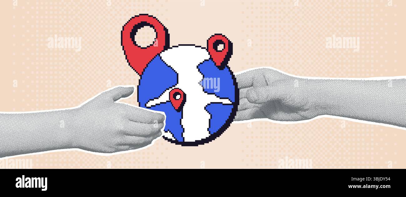 Travel collage with halftone hand with pixel art tourism elements ...