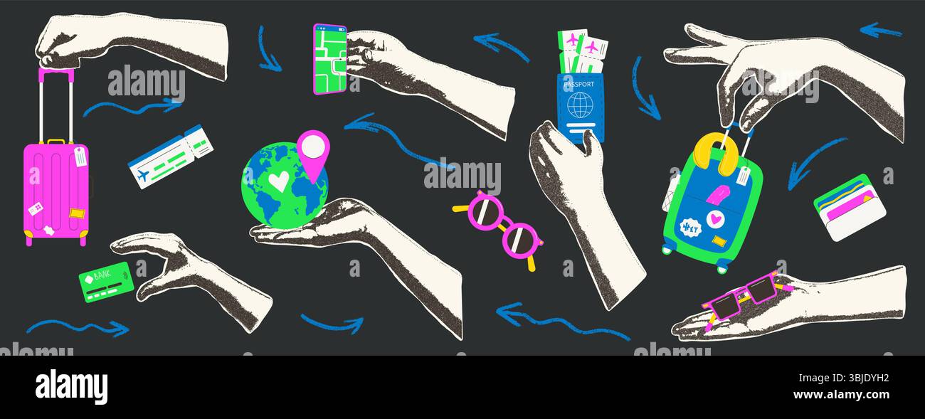 Travel collage with photocopy sticker hand and flat tourism elements ...
