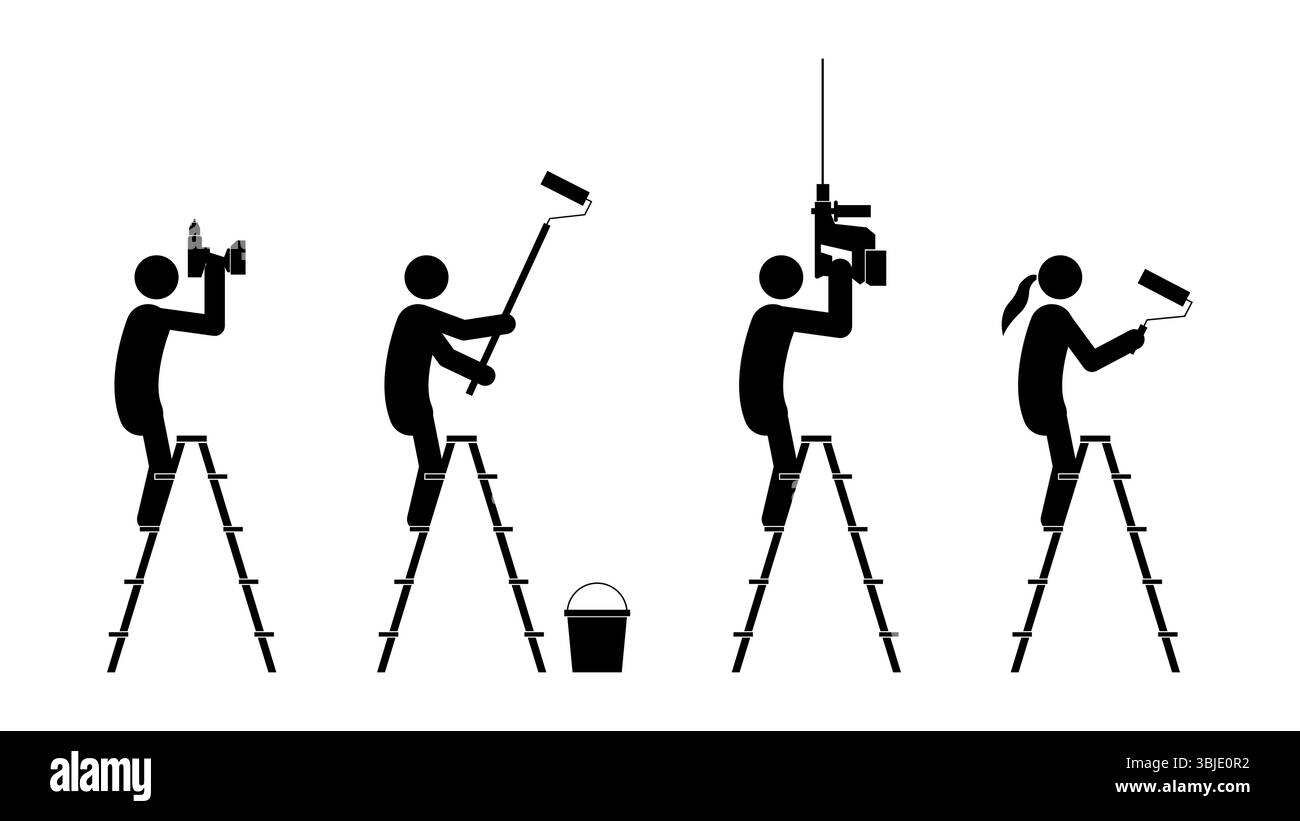 Set of stick figures, construction and repair. Work on the stairs, flat ...