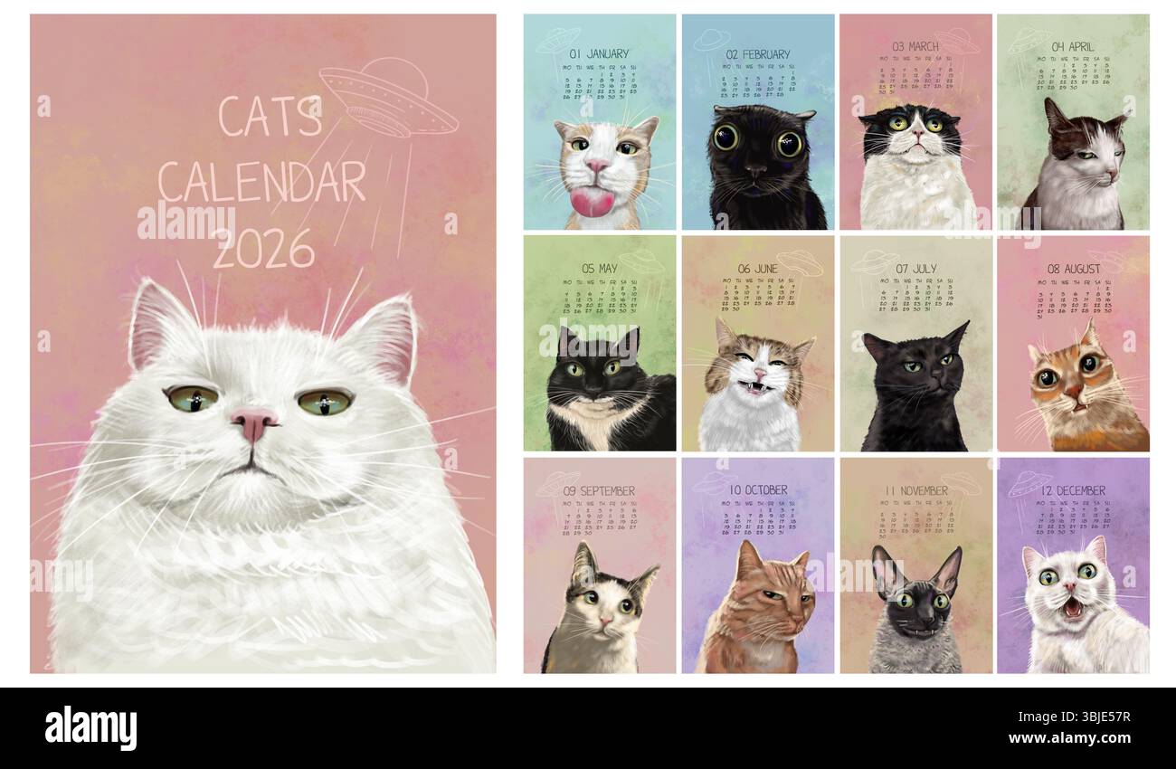 2025 Annual Calendar animals. Set of 12 month illustration. Hand Drawn ...