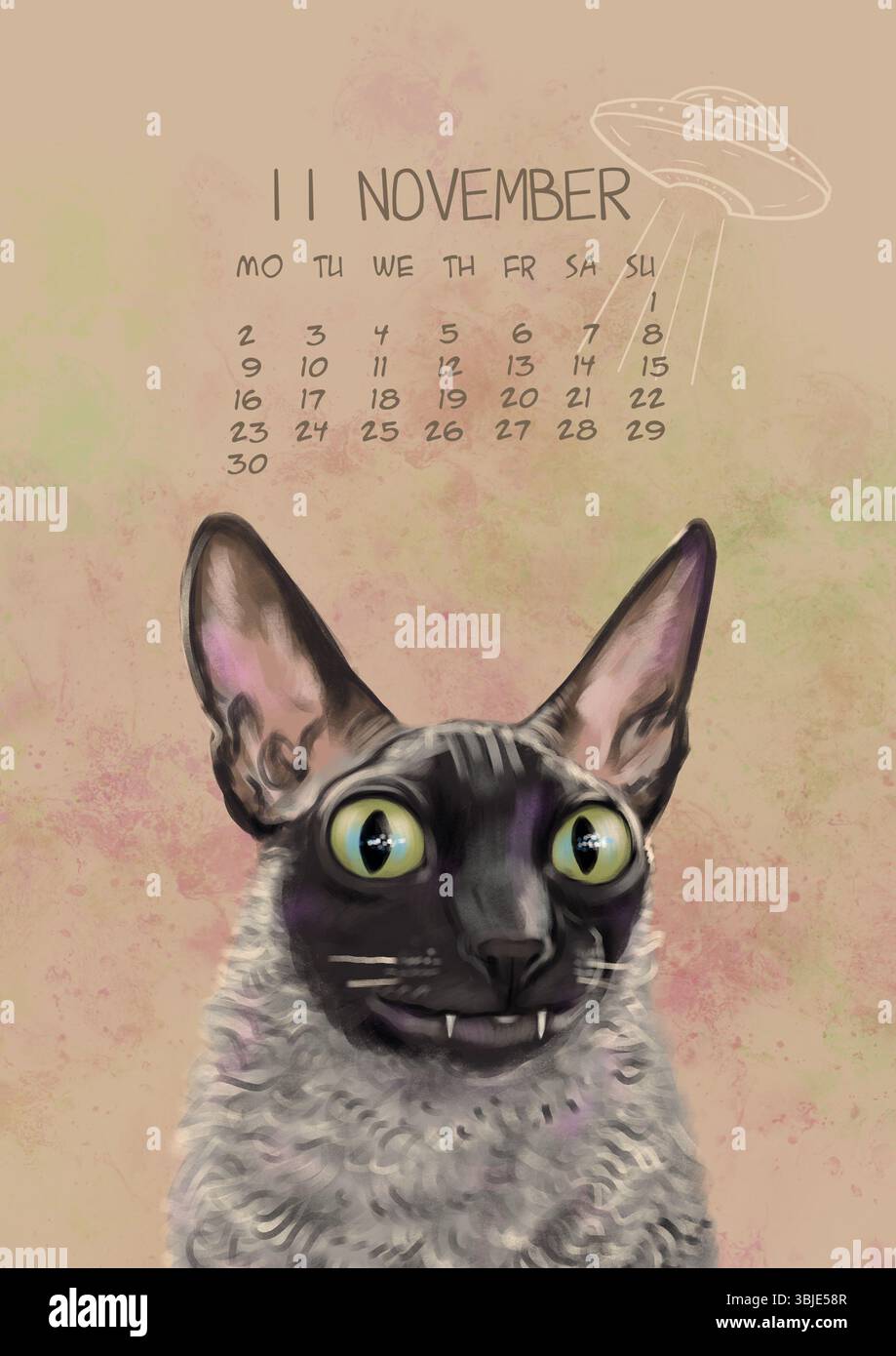 2025 Cat Calendar animals. Hand Drawn Cat meme Stock Photo - Alamy