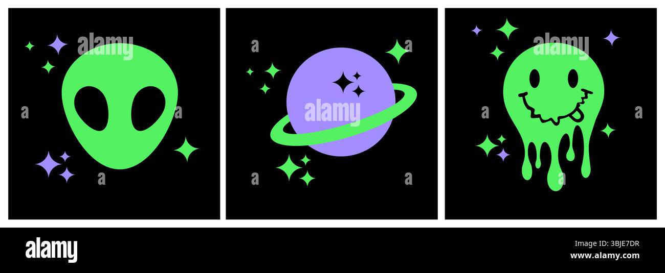 Trendy Cool Print with Neon Green Melting Emoticon, Alien Head and ...