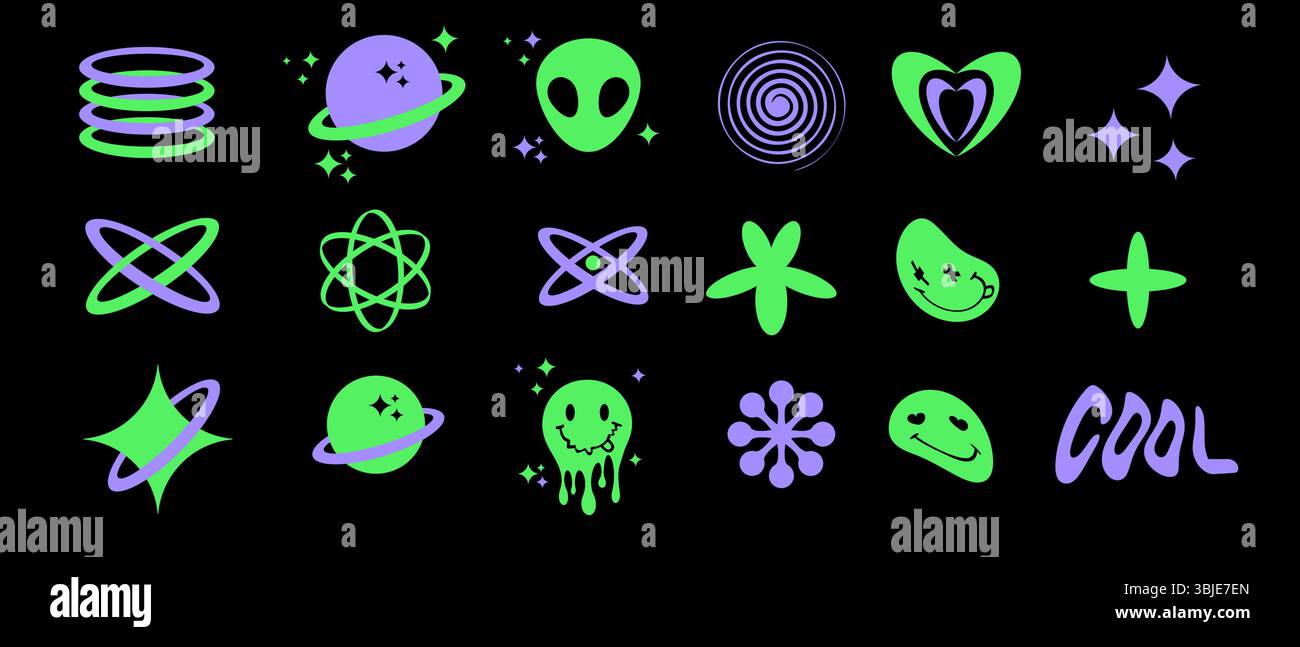 Trendy Cool Print with Neon Green-Violet Abstract Icons, Alien Head ...