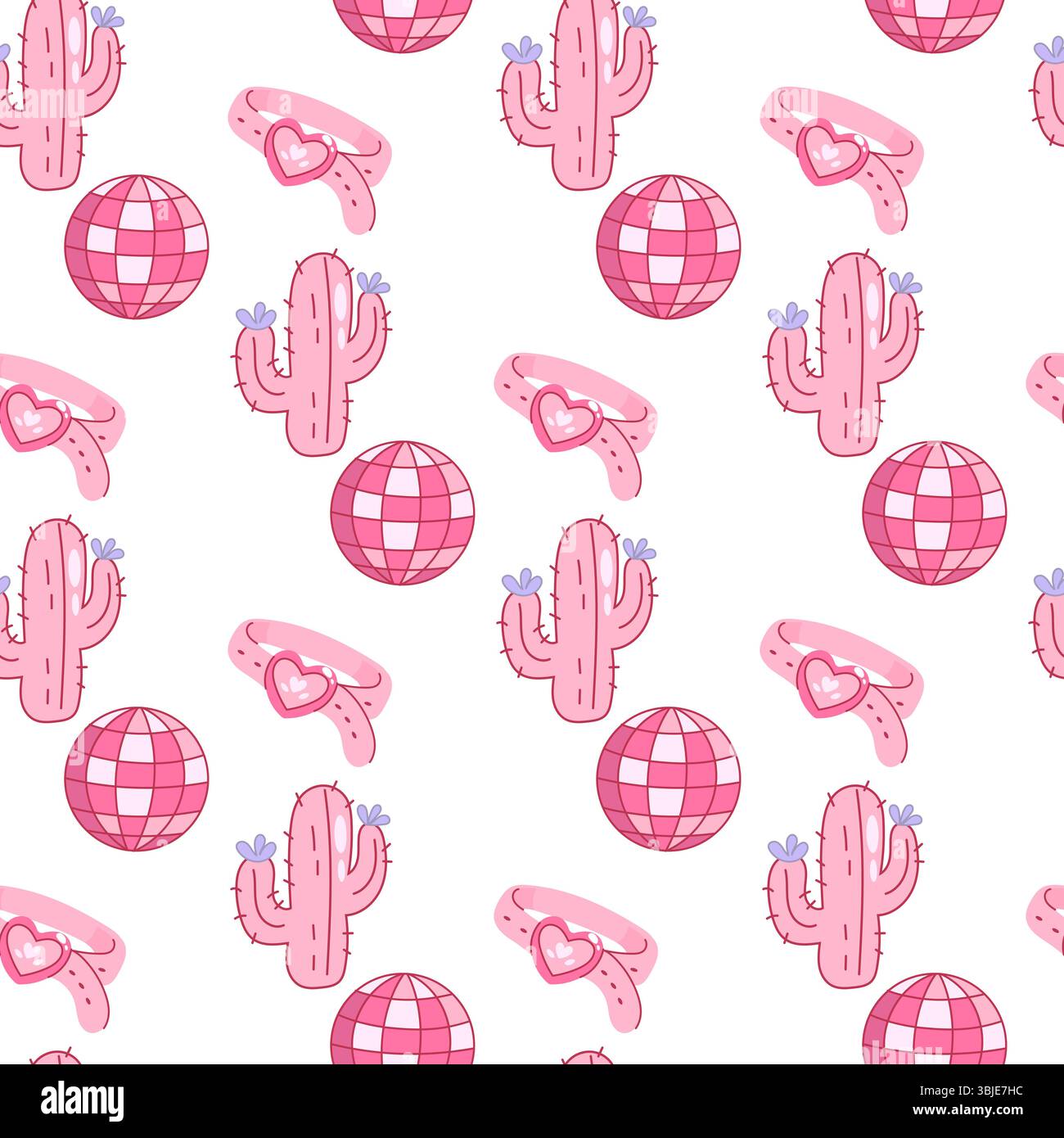 Playful seamless pattern of pink cacti, disco balls, and cowgirl belts ...