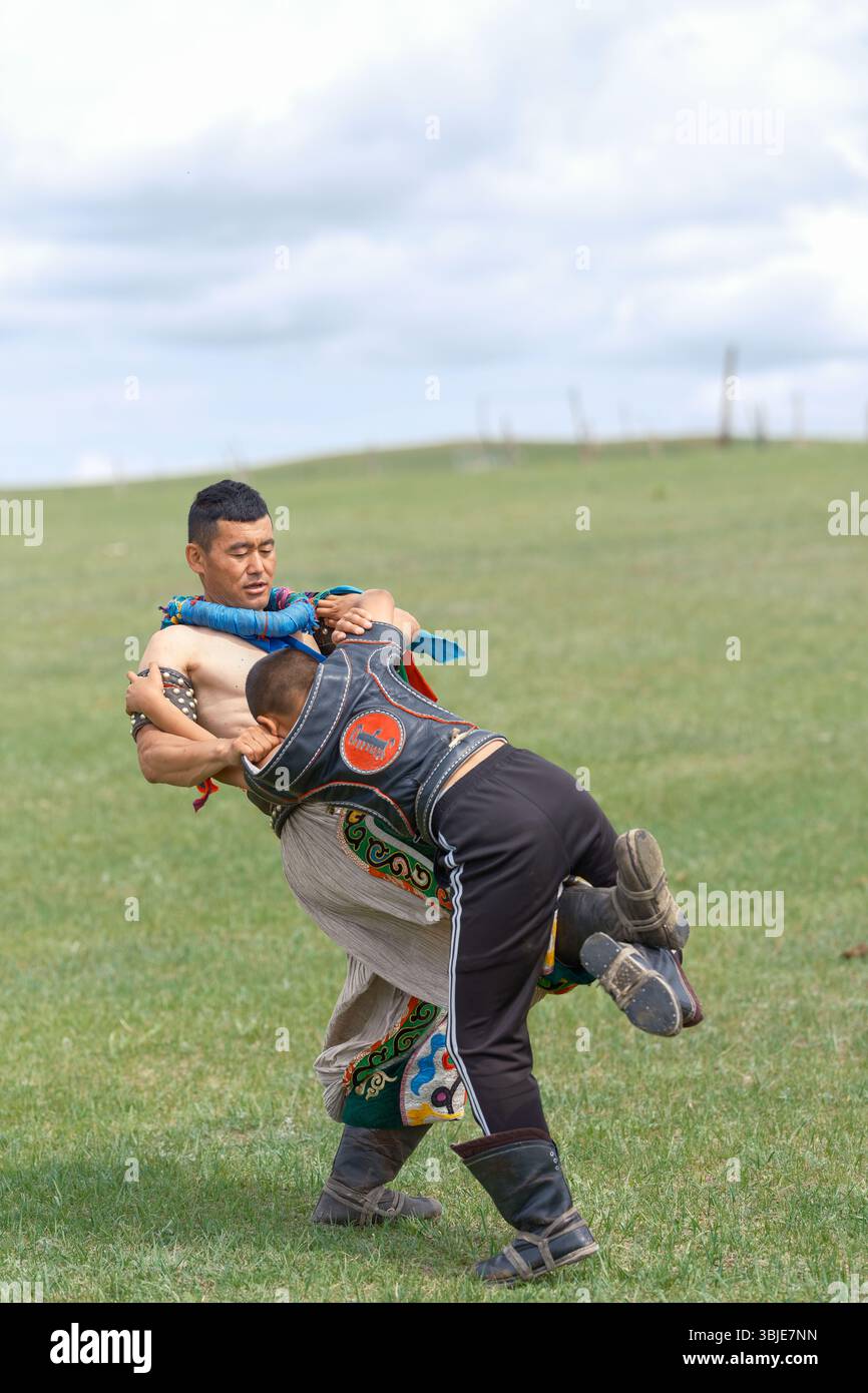 (250615) -- XILINGOL LEAGUE, June 15, 2025 (Xinhua) -- Urbuusan and his ...