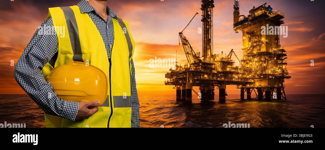 Engineer next to offshore jack up oil and gas wellhead remote platform ...