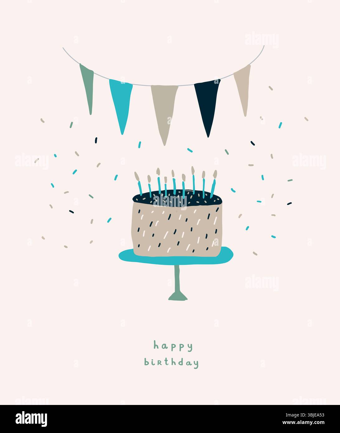 Cute Birthday Party Vector Card. Hand Drawn Birthday Cake with Blue ...