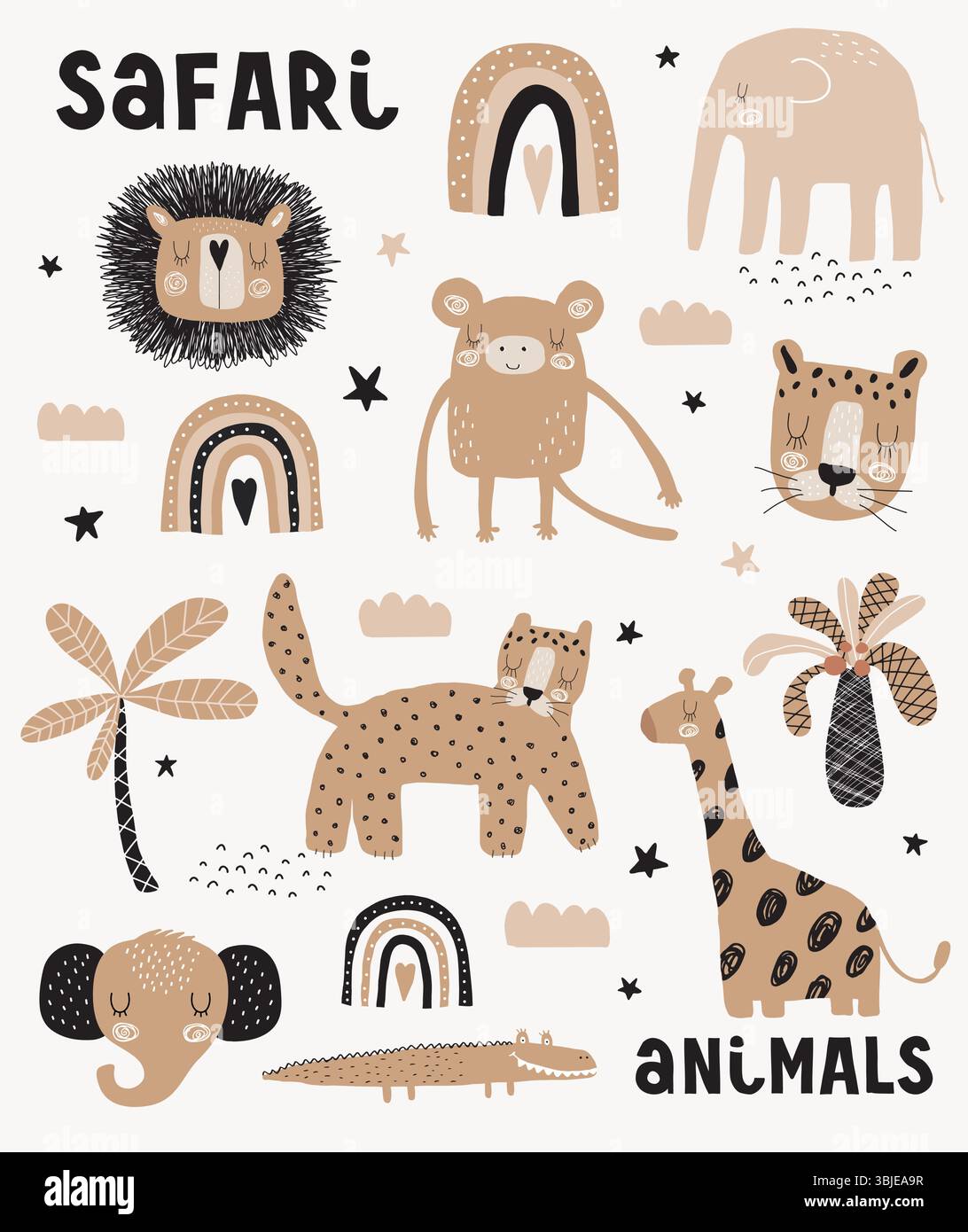 Funny Print with Safari Animals. Cute Hand Drawn Vector Illustration Of ...