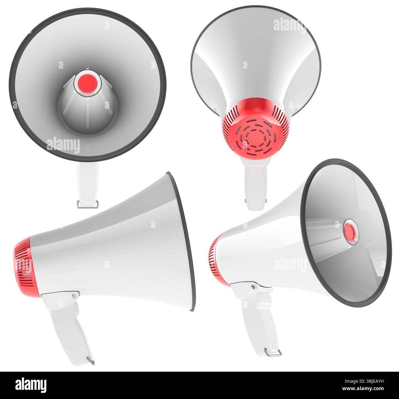 Megaphones in white and red color, different angles. 3D rendering ...
