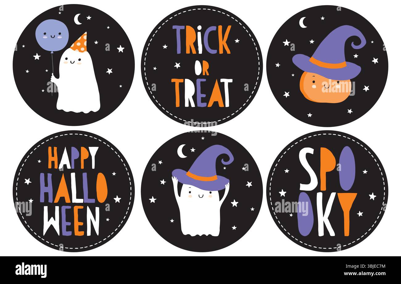 Halloween Party Vector Stickers. Hand Drawn Candy Bar Tags with Cute ...