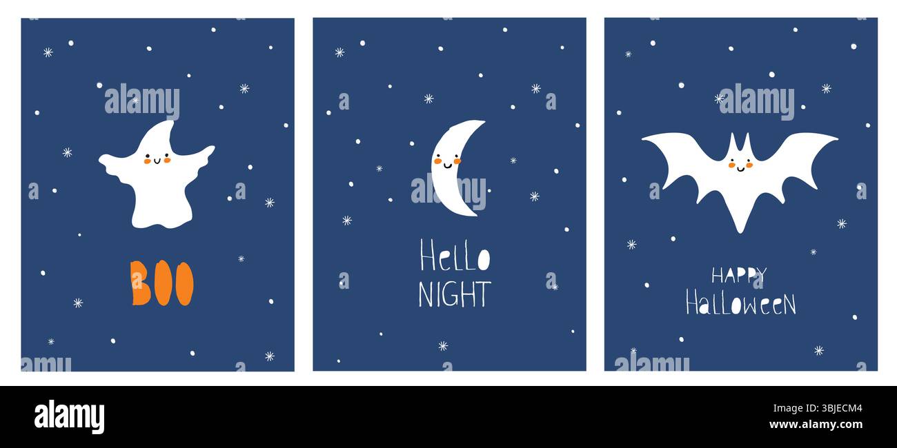 Cute Hand Drawn Halloween Cards. Funny Ghost, Happy Crescent Monn And ...