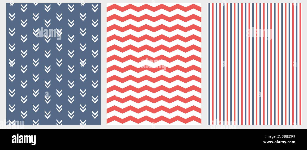 Set of 3 Geometric Seamless Vector Patterns. Red Chevron on a White ...