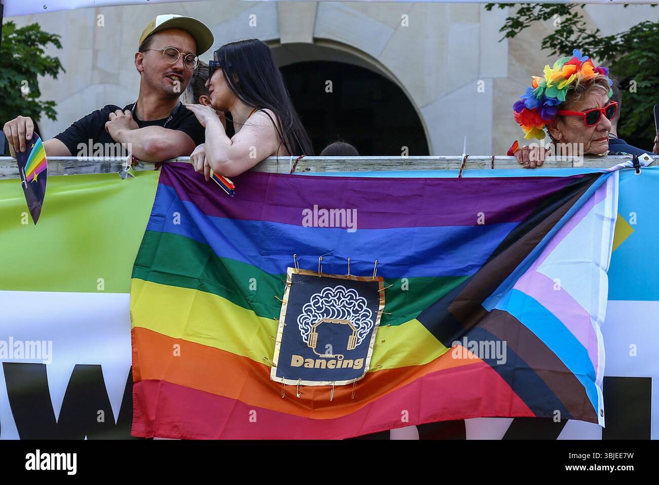 Warsaw, Poland. 14th June, 2025. Participants on a float decorated with ...