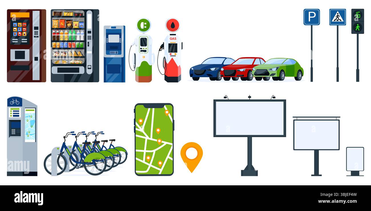 Urban infrastructure vector icons. City tech design elements including ...