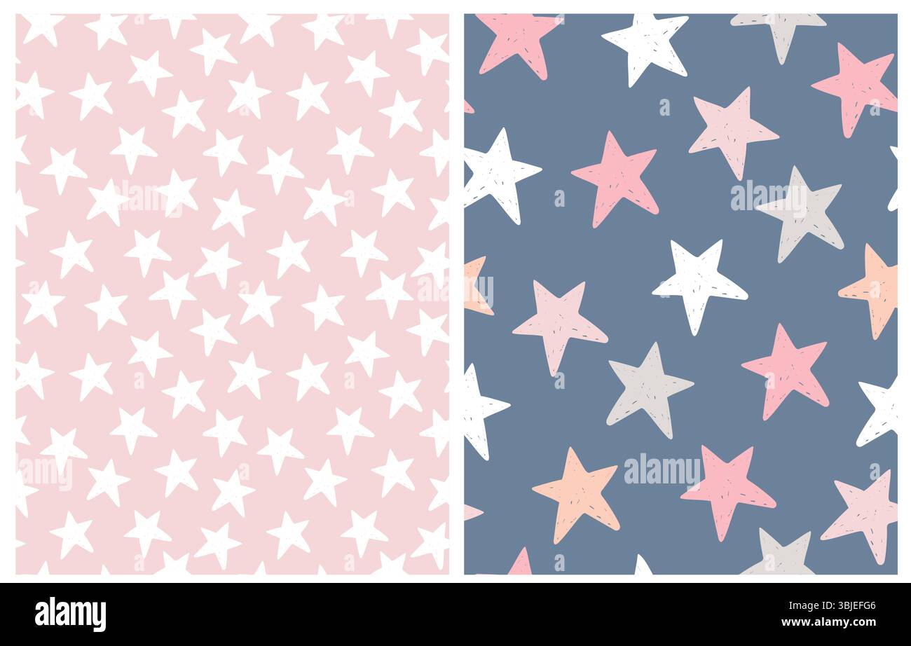 Cute Pastel Color Star Seamless Vector Patterns. Irregular Hand Drawn ...