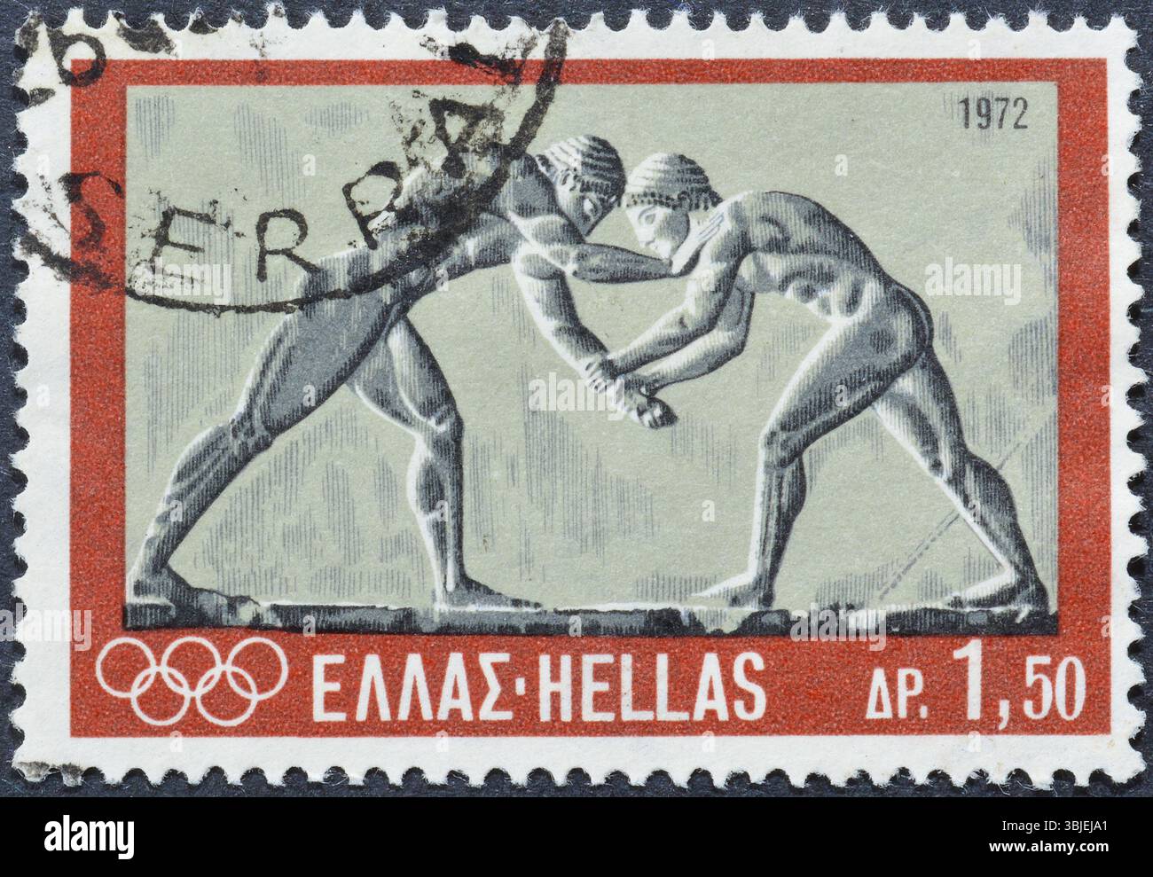 Cancelled postage stamp printed by Greece, that shows Wrestlers, Summer ...