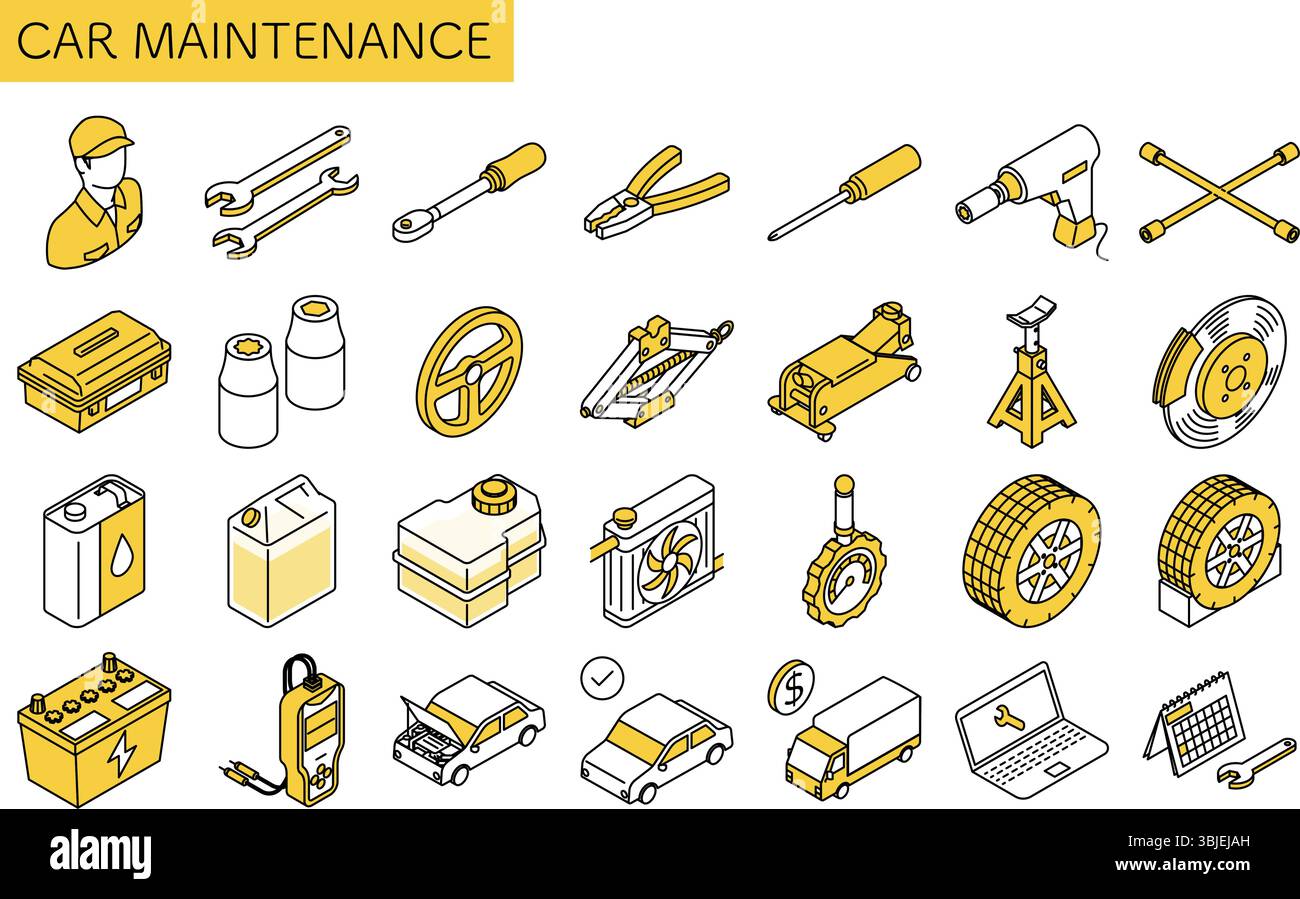 Simple and cute line drawing icon of automobile maintenance, isometric ...