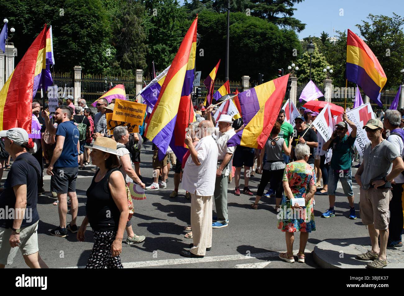 Protesters carry a banner and republican flags during a march against ...