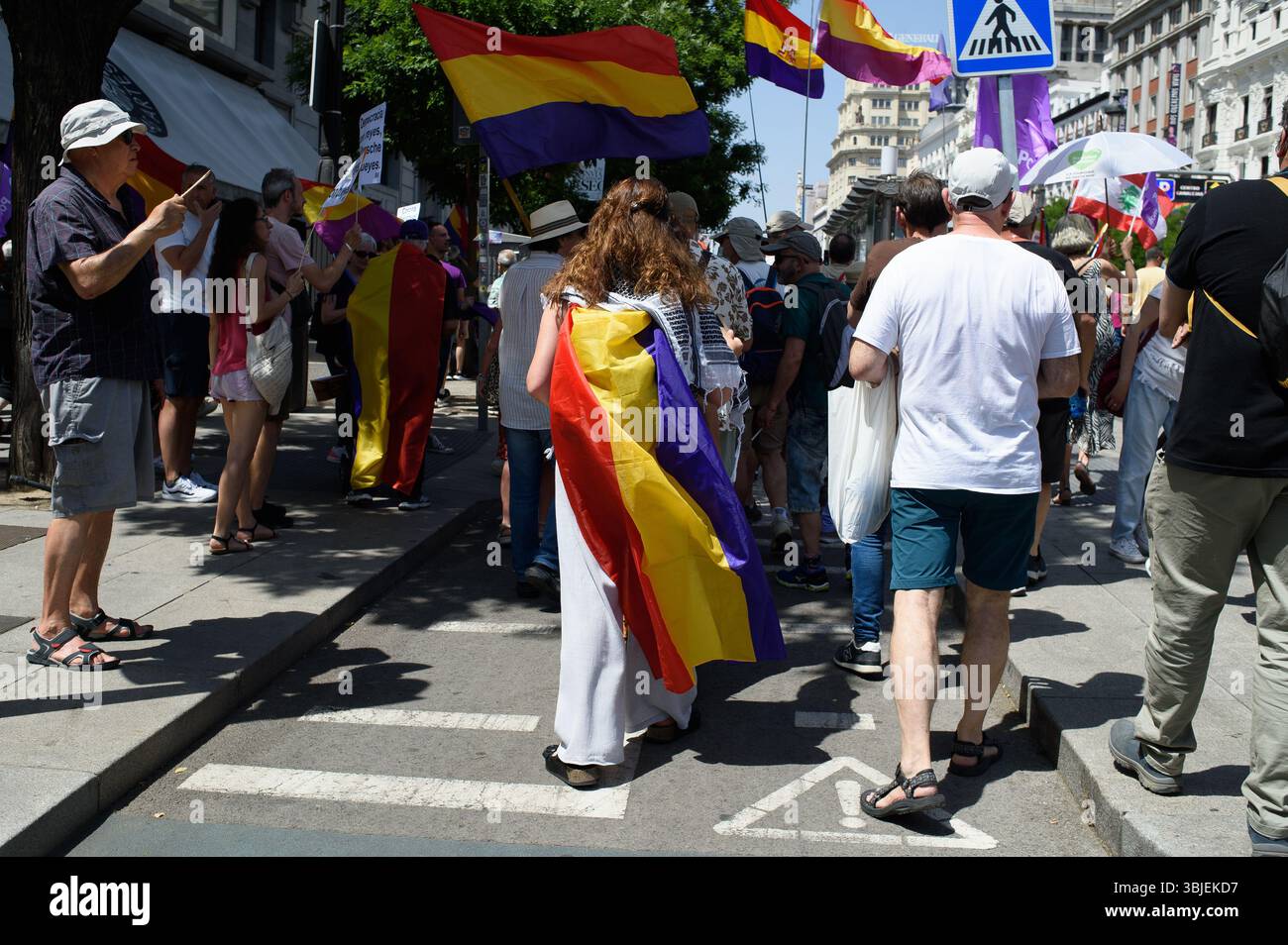 Protesters carry a banner and republican flags during a march against ...