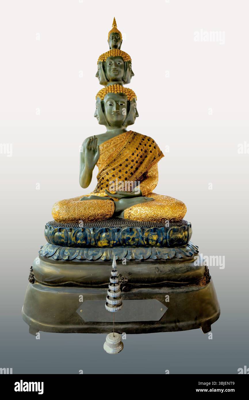 Unique multi-headed Buddha statue in a meditative pose, adorned with ...