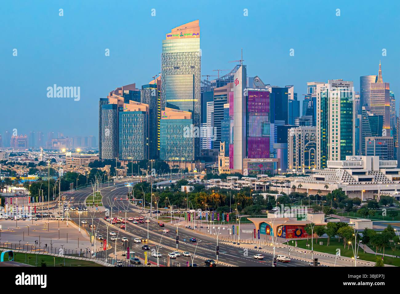 Drone View on skyscrapers in Doha downtown, Qatar, Persian Gulf ...
