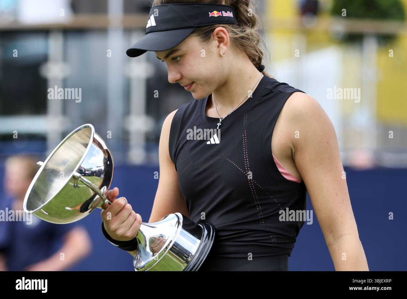 Ilkley Tennis Club, England, June 15th 2025: Iva Jovic with the WTA 125 Lexus Ilkley Open Trophy ...
