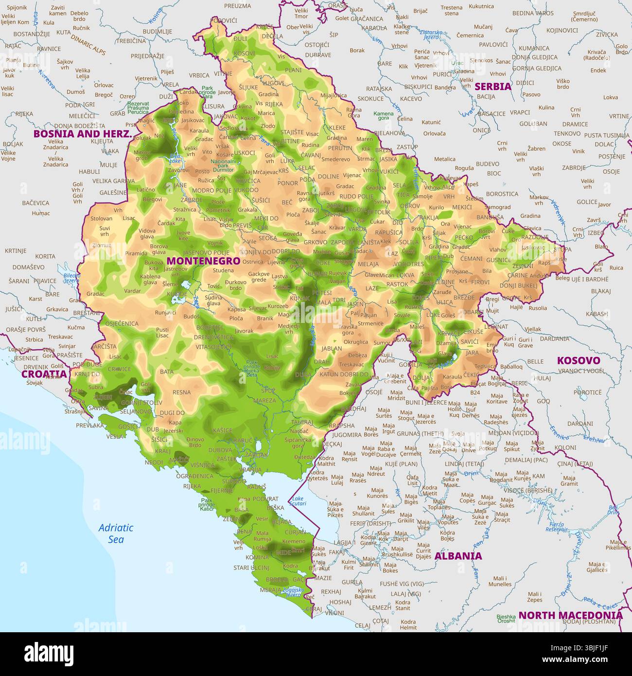 Detailed physical map of Montenegro Stock Vector Image & Art - Alamy