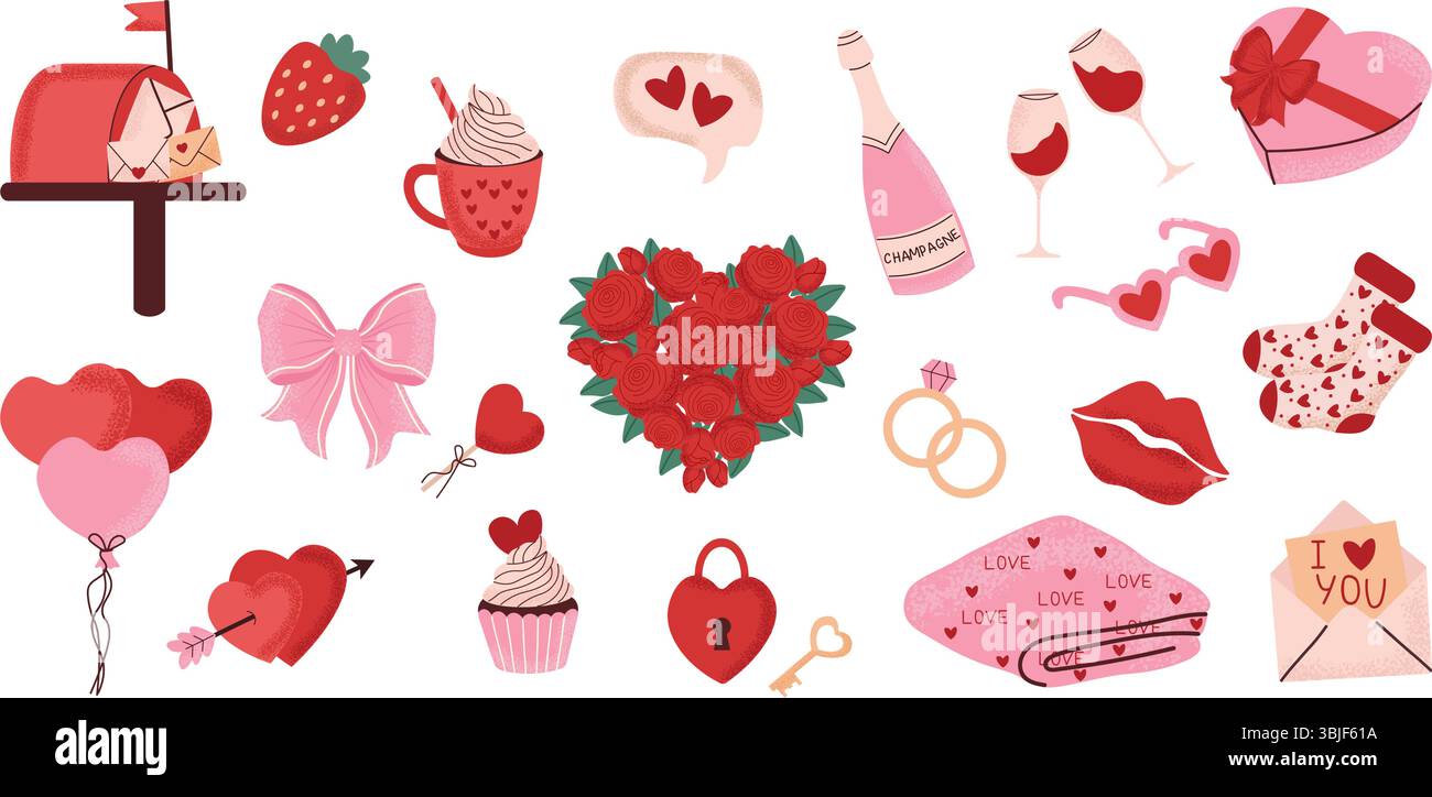 A collection of romantic Valentine's Day love symbols. Cute hearts ...