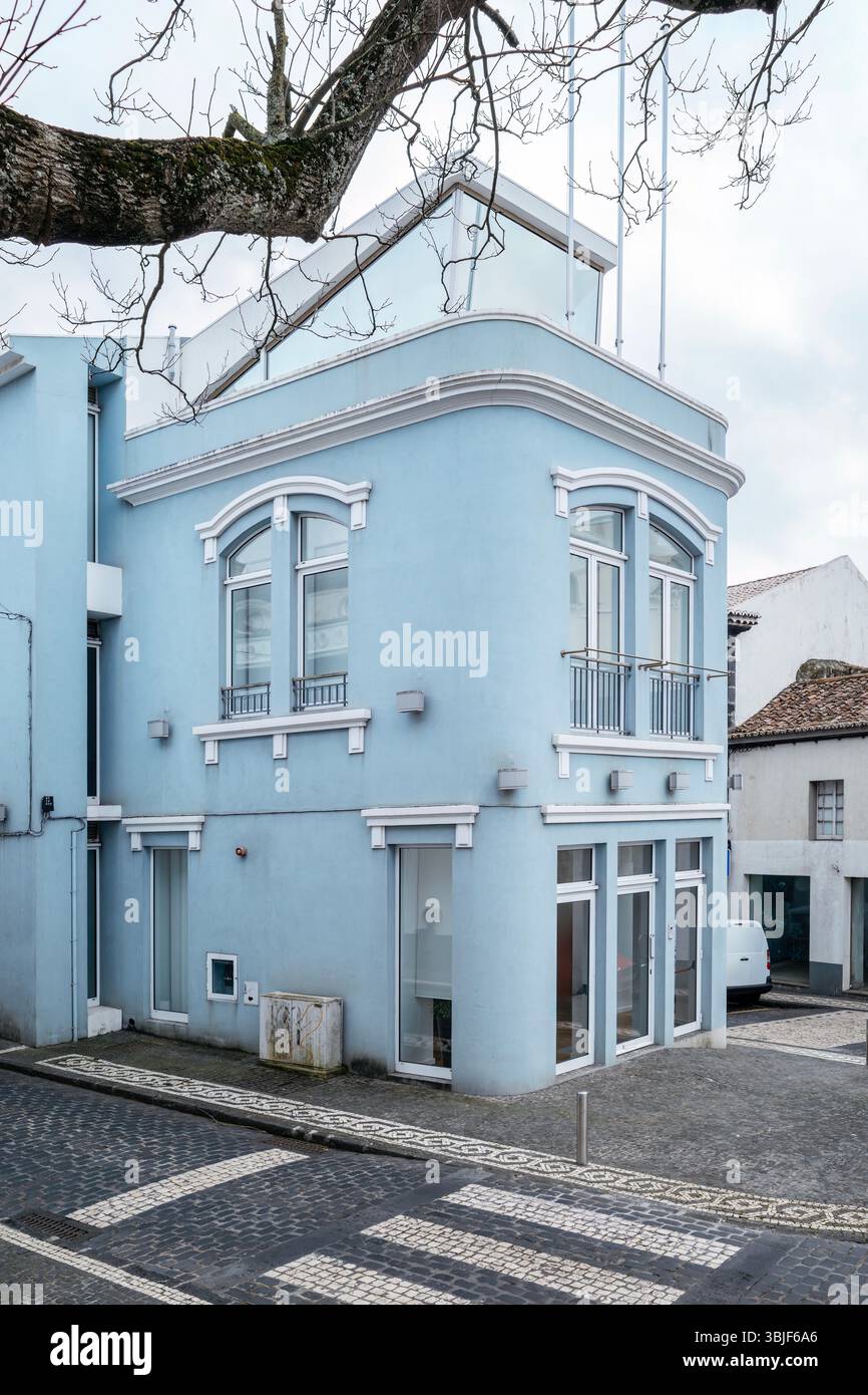 Pastel Blue Corner Building with Traditional Azorean Details. Ponta ...