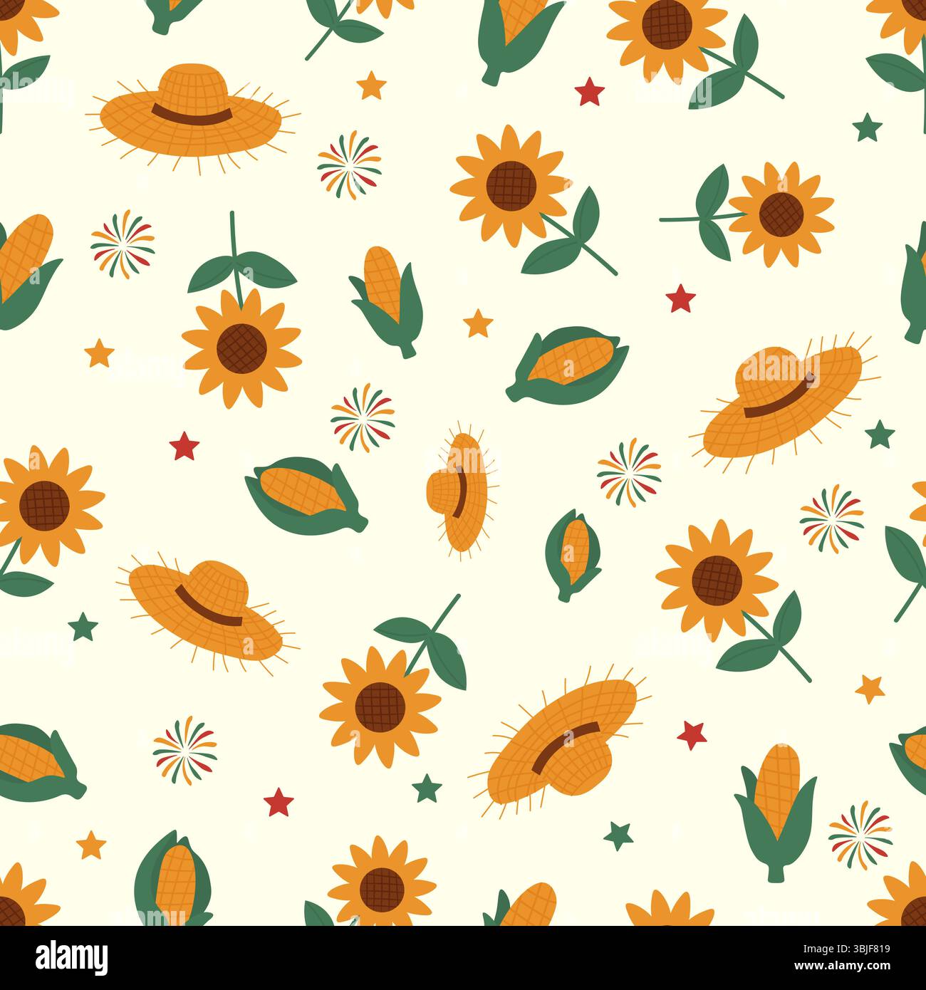 Seamless pattern with sunflowers, corn cobs, straw hats and festive ...