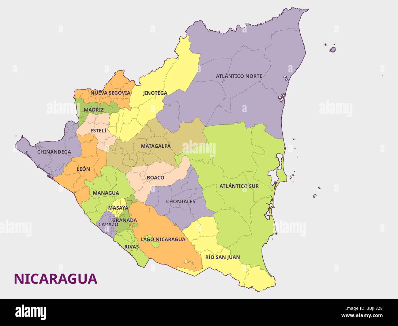 Map of Nicaragua Regions and Administrative Divisions Stock Vector ...