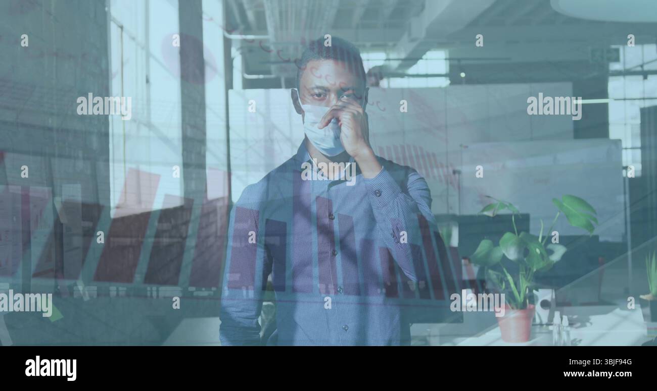 Positioning man wearing shirt placing medical mask over nose in ...