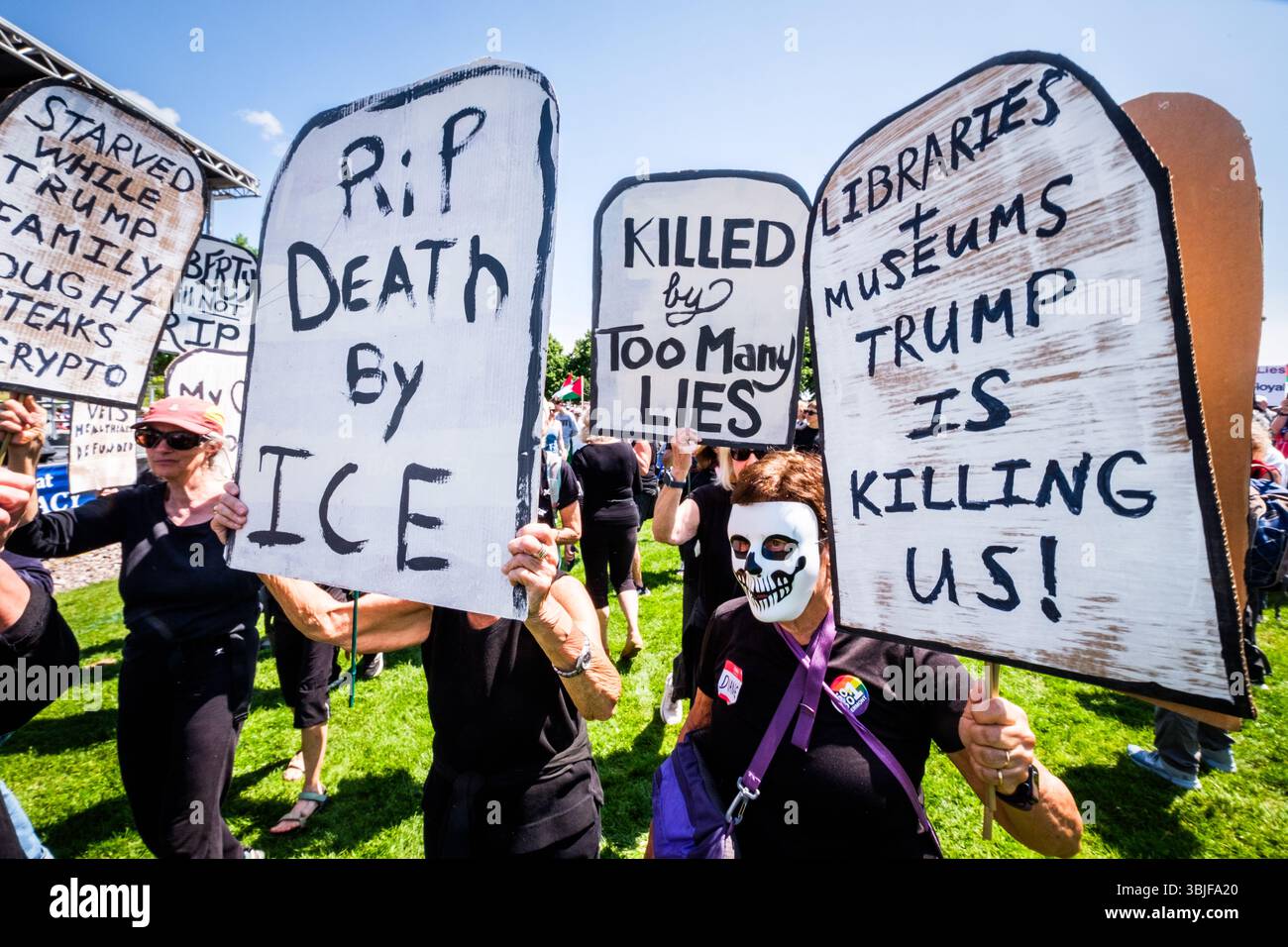 Burlington, Vermont, USA, 14 June, 2025. Demonstrators stage a "die-in ...