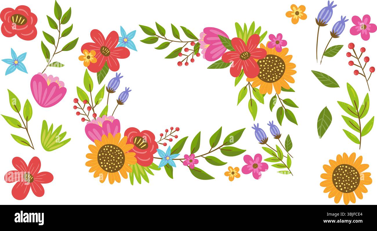 Cute hand-drawn colorful floral frame and isolated items, perfect for ...