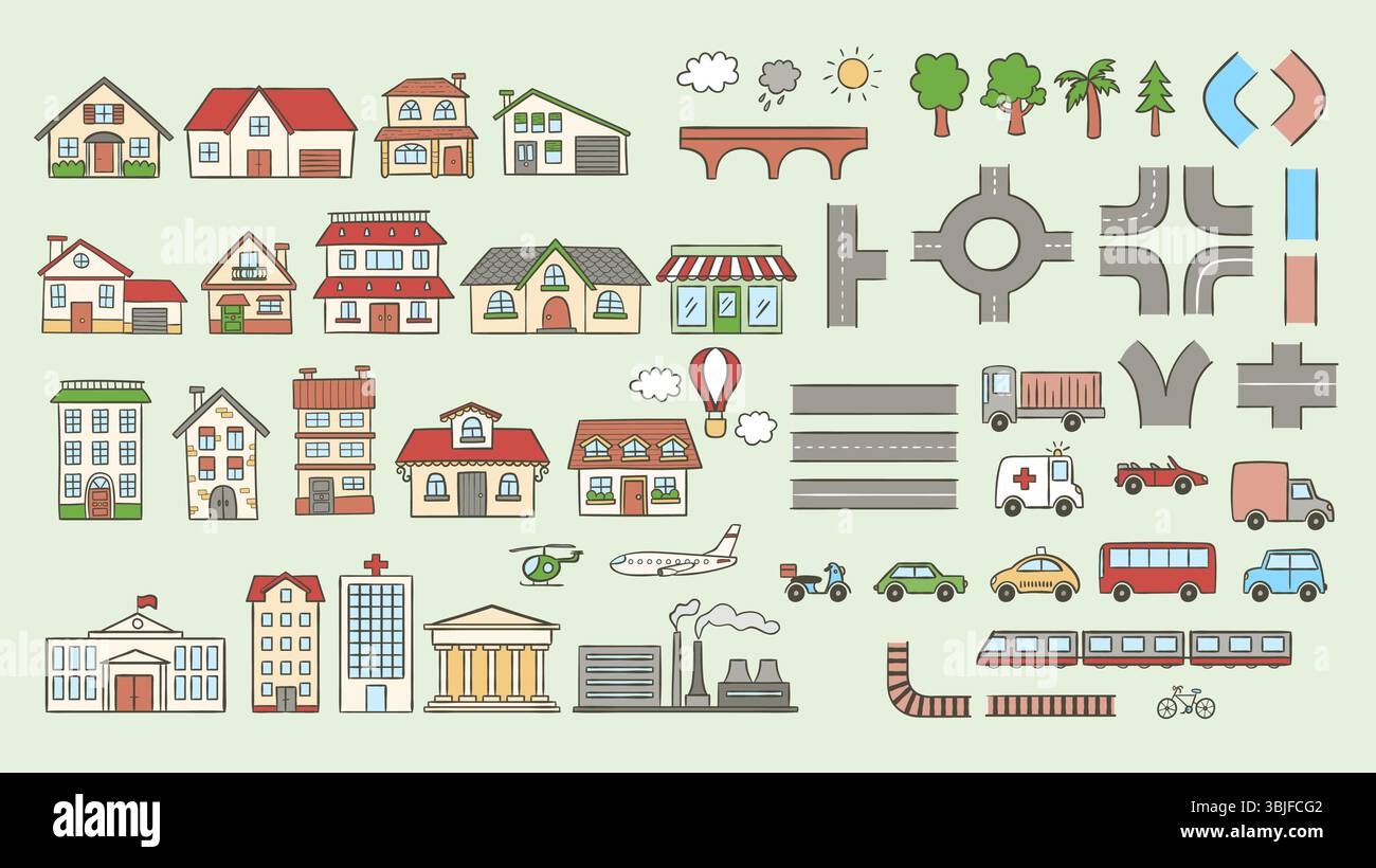 Cute hand-drawn city map creator set. Create beautiful city designs ...