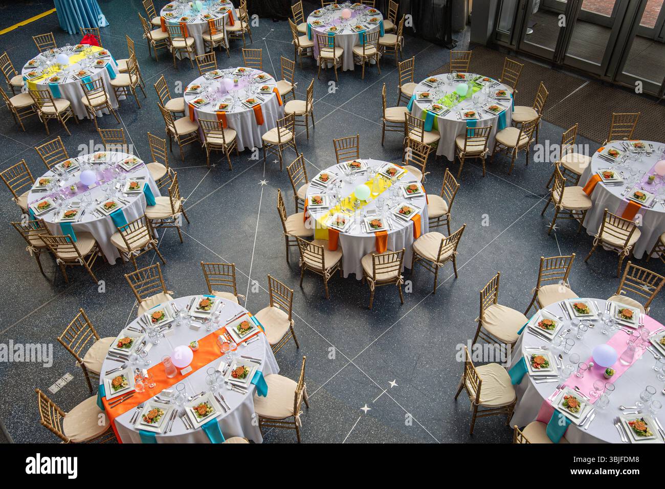 Aerial view of banquet tables prior to event, Baltimore Maryland USA ...