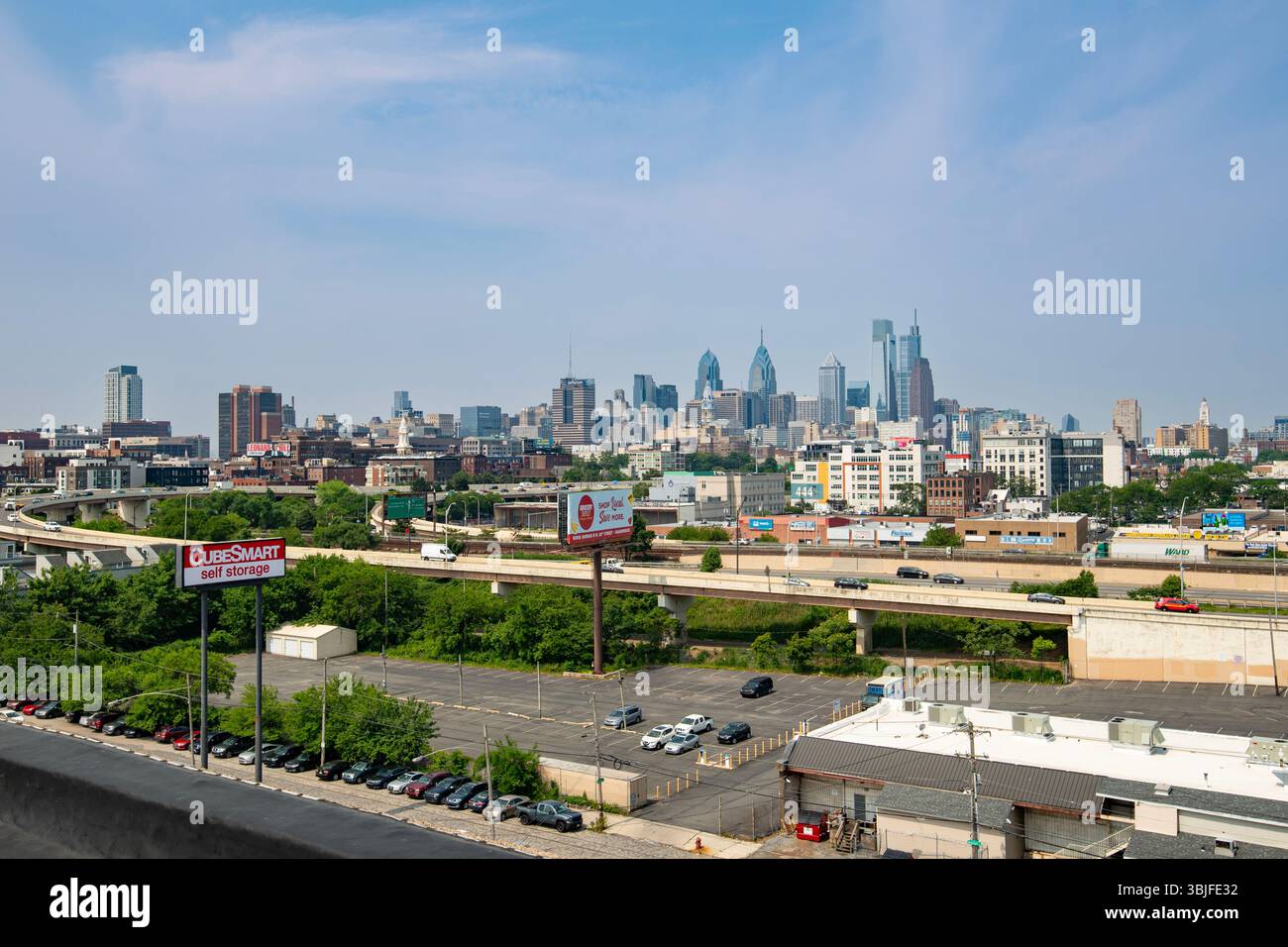 Aerial view of Philadelphia skyline with interstate I-95 highway in ...