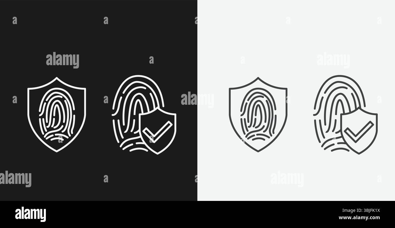 Fingerprint within Shield and Fingerprint with Checkmark Shield on Black and White Backgrounds ...