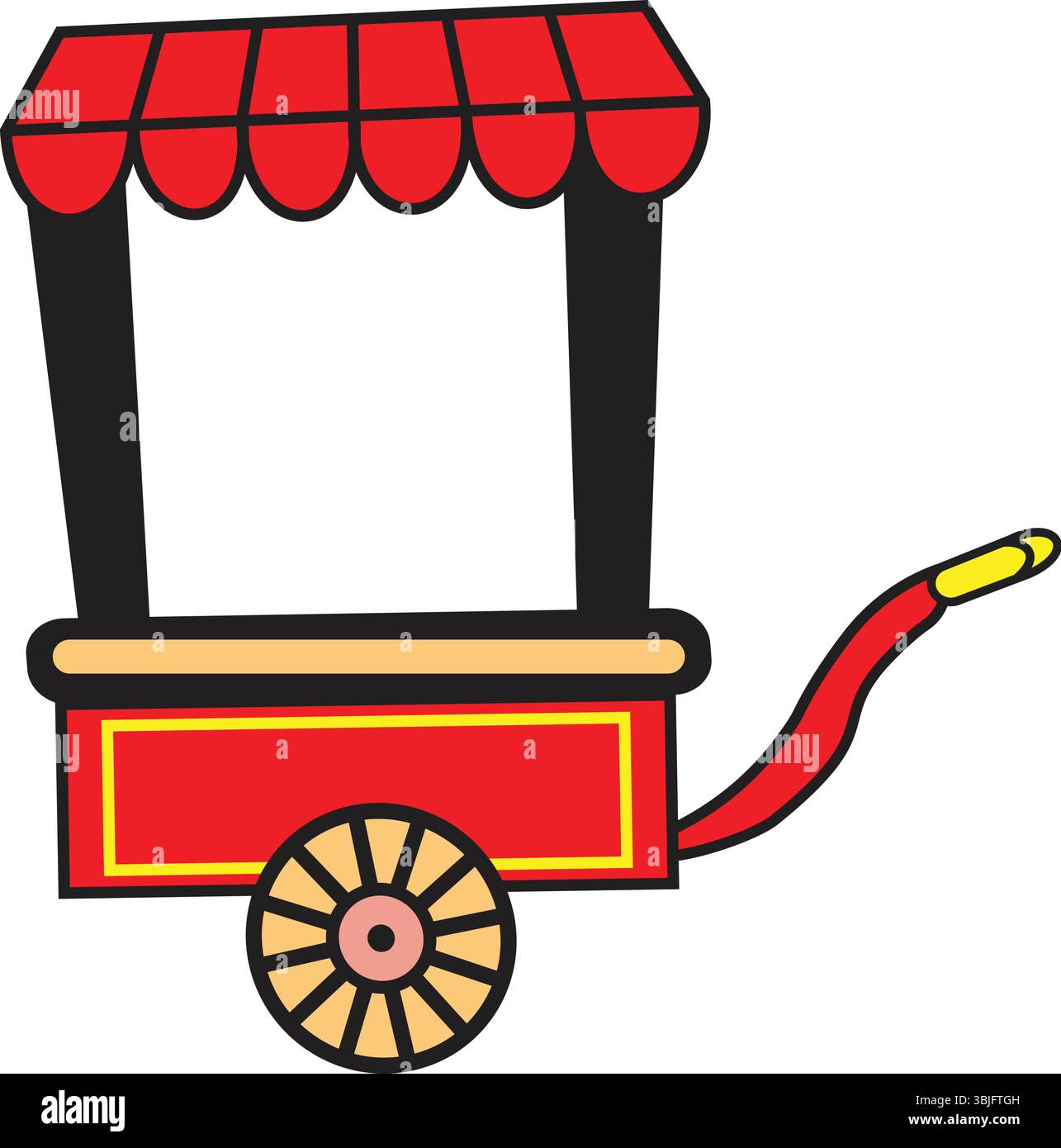 A colorful illustration of a red and yellow market cart with a striped ...