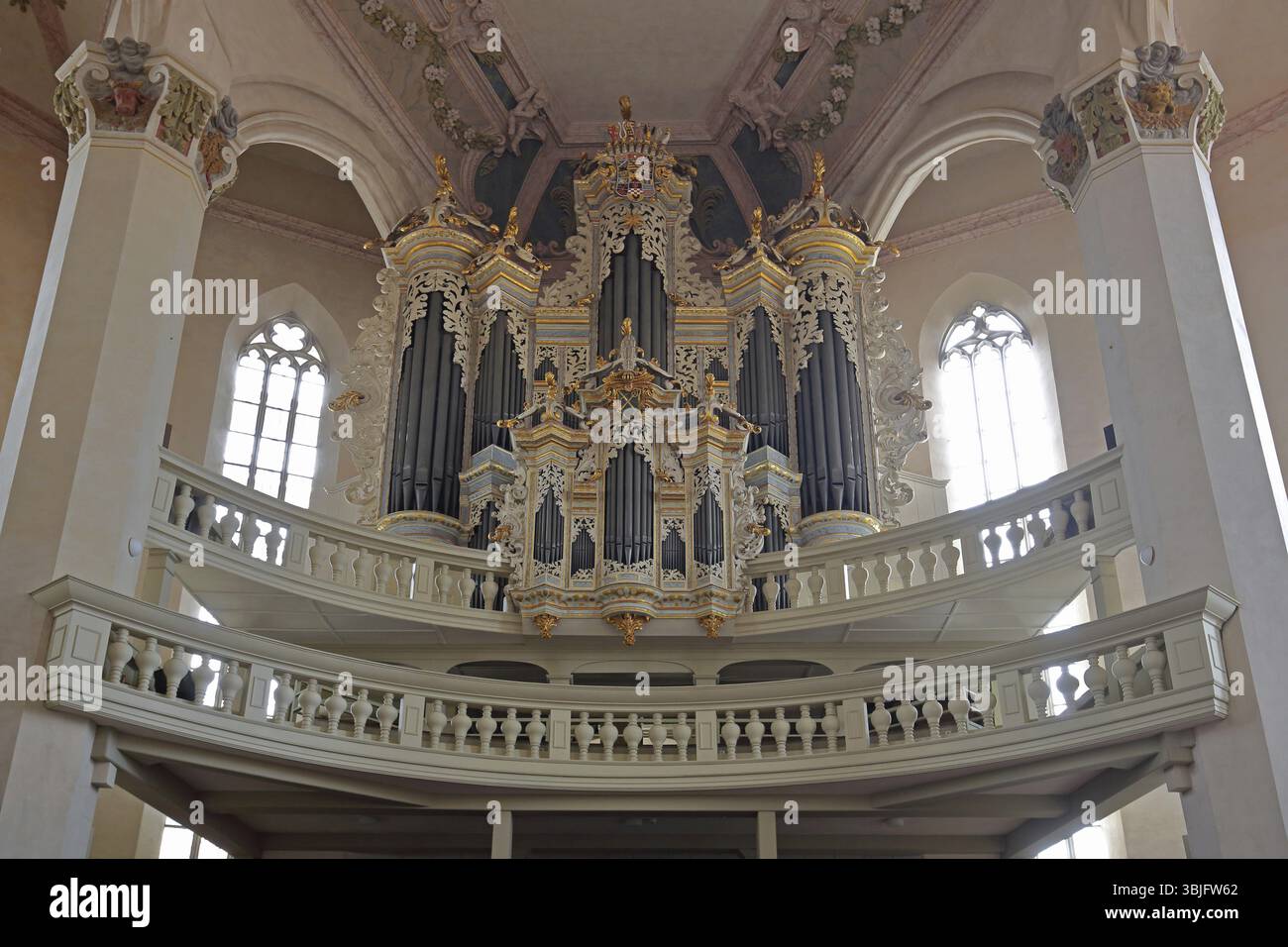 Organ of the baroque town church, pulpit dome, soundboard, pulpit canopy, interior view, St ...