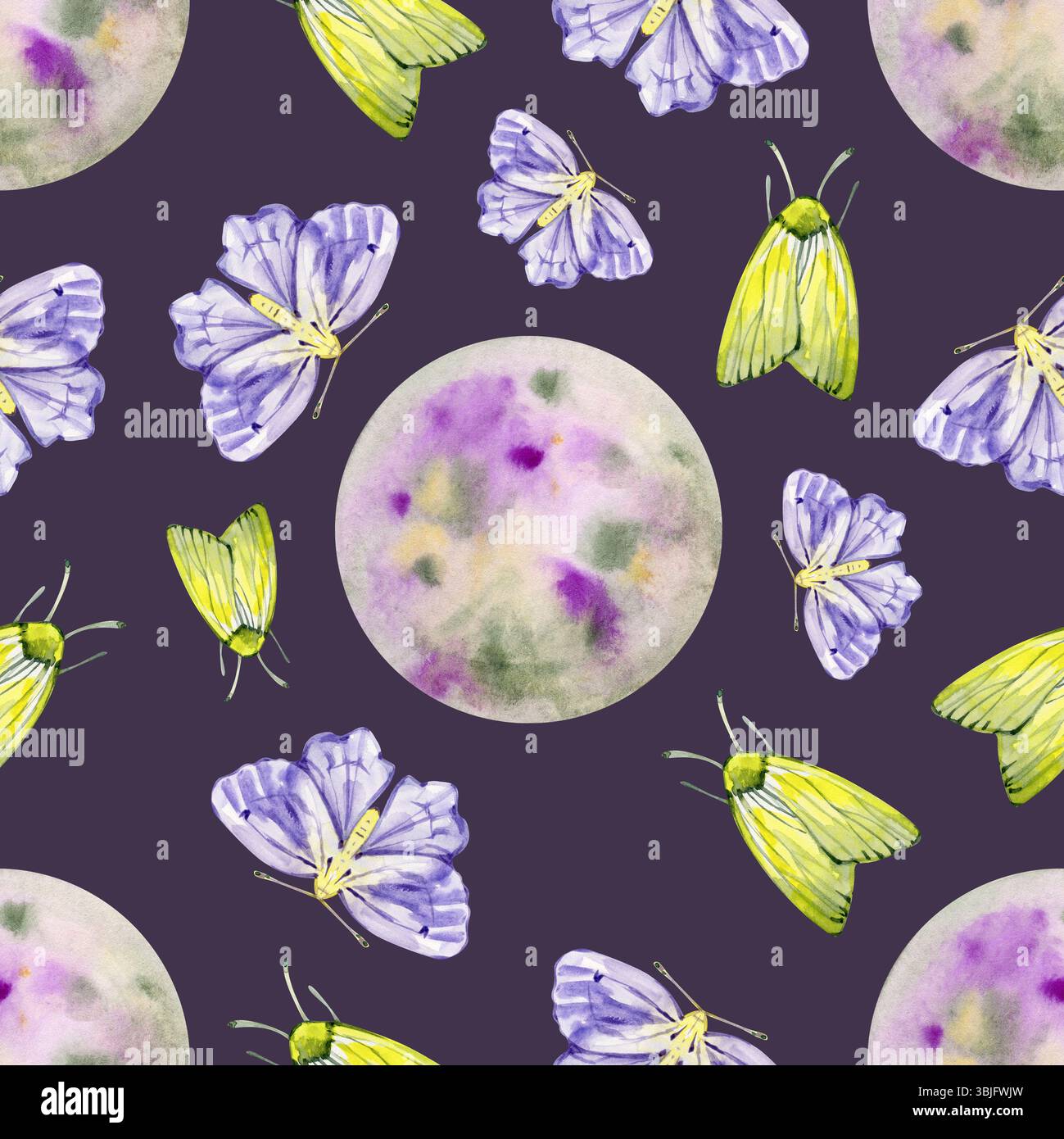 Seamless pattern Watercolor moon and moth, night butterfly background ...