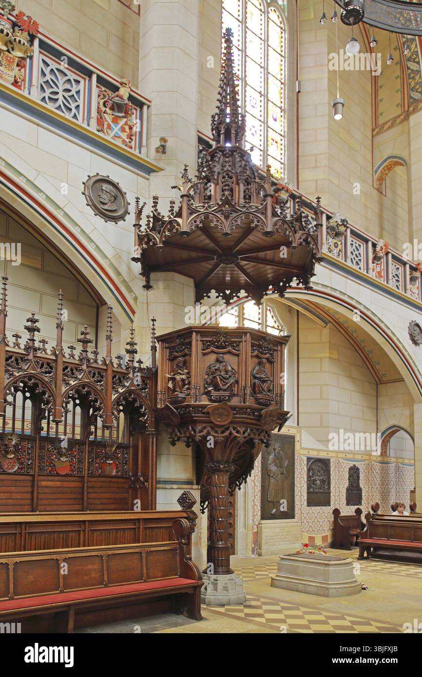 Pulpit with pulpit cover and wood carving, interior view, UNESCO, arts ...