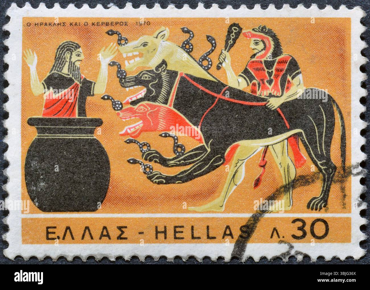 Cancelled postage stamp printed by Greece, that shows Hercules Deeds ...