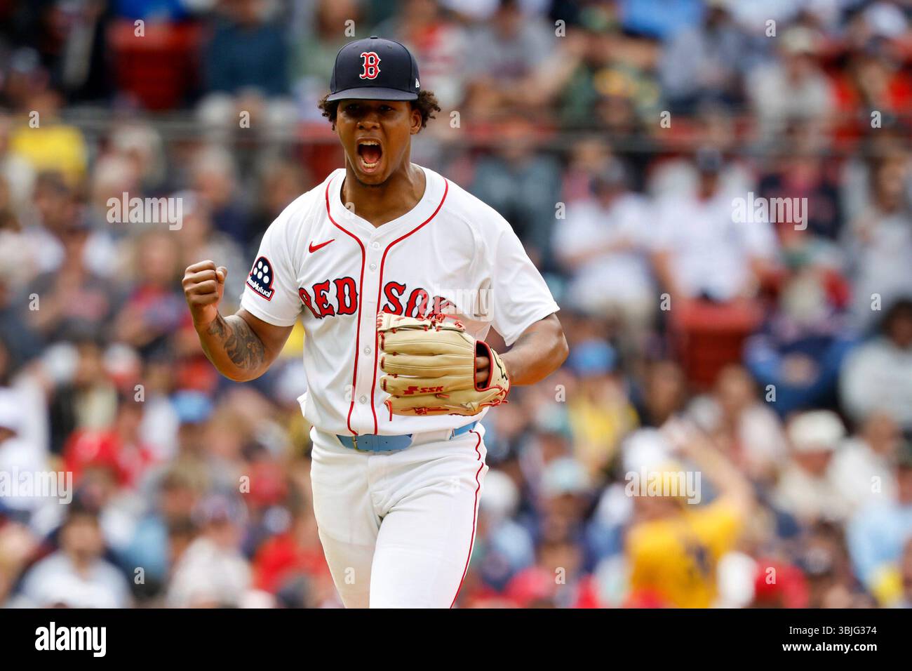 Boston Red Sox's Brayan Bello reacts after striking out New York ...