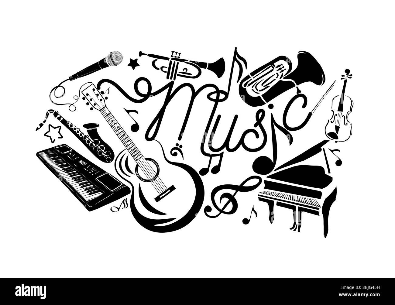 Abstract Music monochrome. Many musical instruments. hand drawn. Not AI ...
